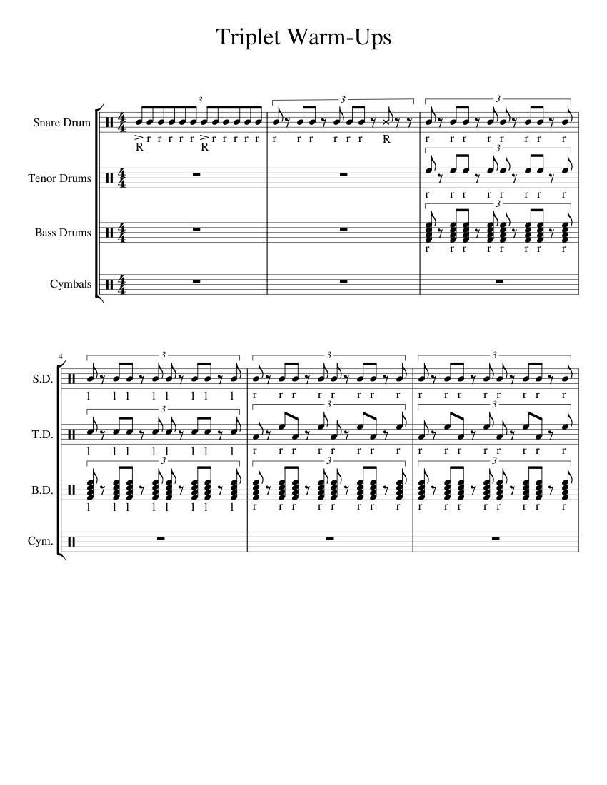 Triplet Warm-Ups Sheet music for Snare drum, Crash, Tenor drum, Bass ...