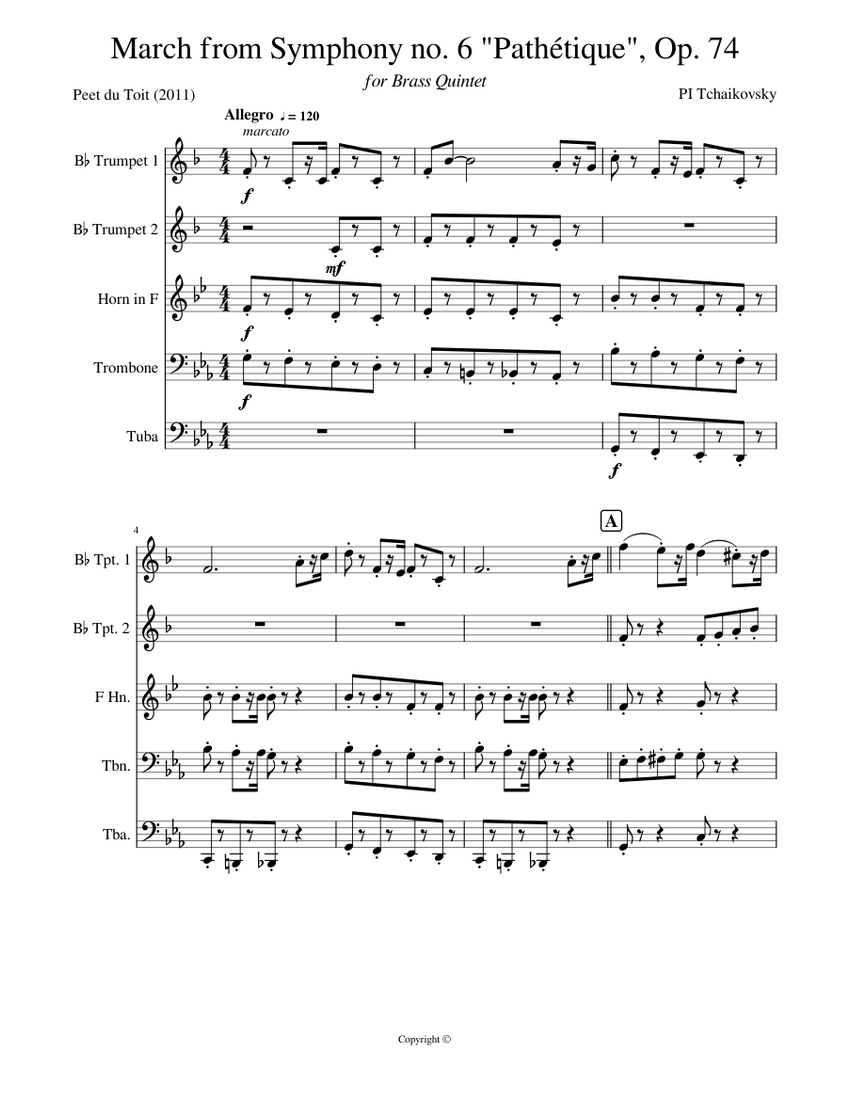 March from Symphony no. 6 Pathétique, Op. 74 - PI Tchaikovsky (Brass Quintet) Sheet Music for ...