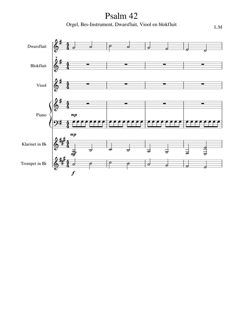 Psalm 42 Sheet Music for Piano, Flute, Clarinet in b-flat, Trumpet in b ...