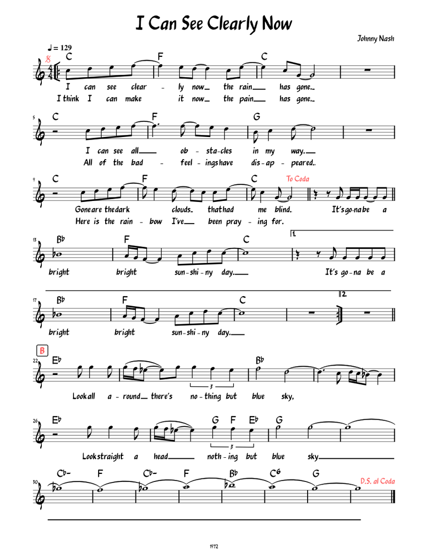 I Can See Clearly Now (Lead sheet with lyrics ) Sheet Music with Chords ...
