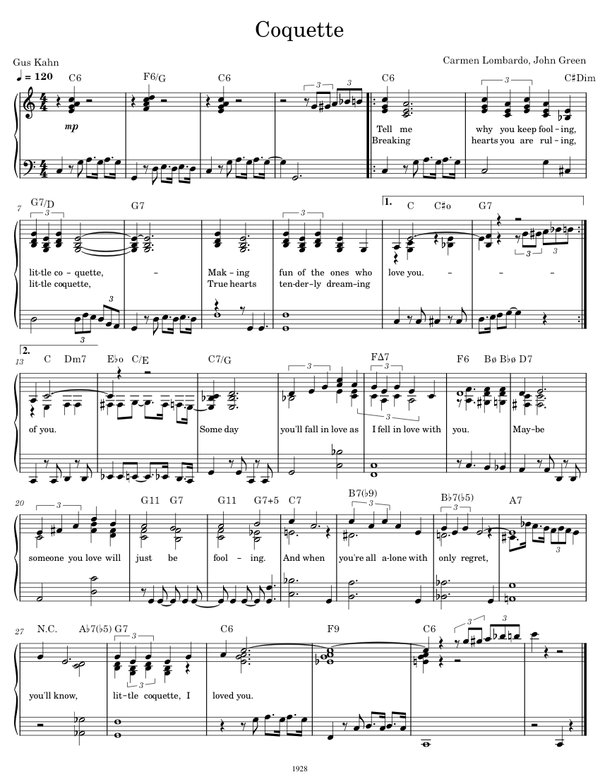 Coquette - Carmen Lombardo & John Green Sheet Music with Chords for ...