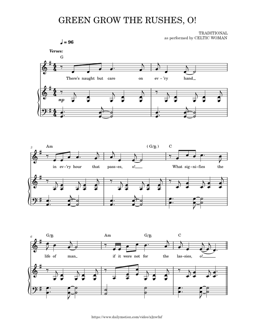 GREEN GROW THE RUSHES, O Sheet Music with Chords for Piano, Vocals ...