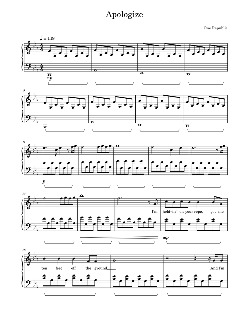 Apologize – One Republic Sheet Music for Piano (Solo) | MuseScore.com