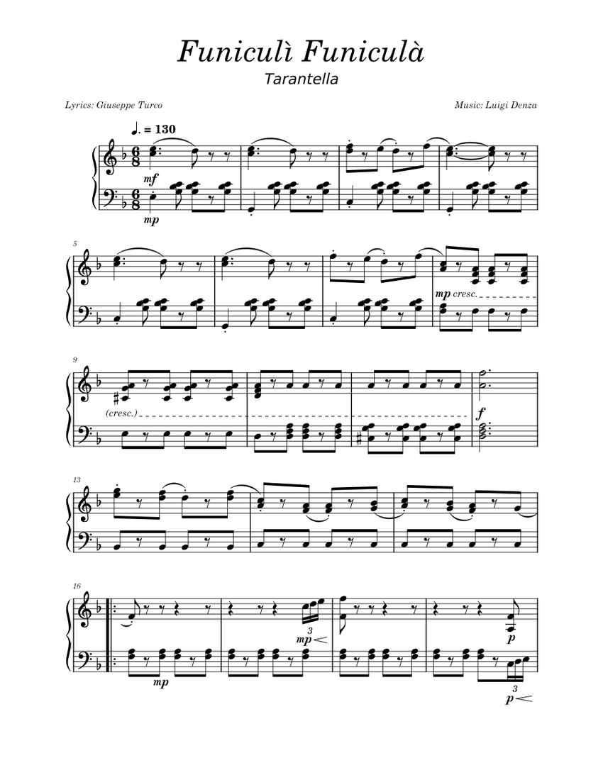 Funiculì, Funiculà – Luigi Denza (with lyrics) Sheet Music for Piano ...