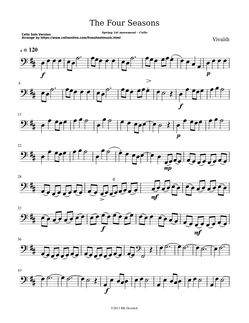 The four seasons - spring 1st movement - Cello solo Sheet Music for ...