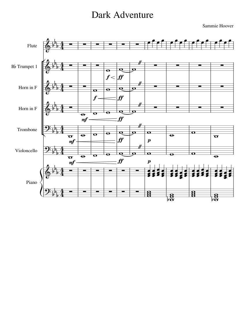 Dark Adventure Sheet Music for Piano, Trombone, Flute, Trumpet in b ...