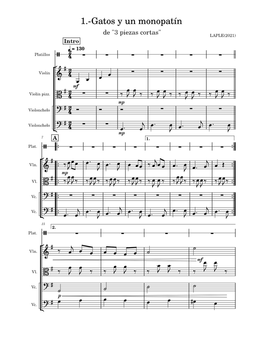 Gatos y un skate Sheet music for Crash, Violin, Viola, Cello (Mixed ...