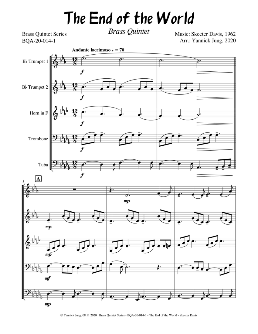 The End of the World by Skeeter Davis - Brass Quintet Sheet Music for ...