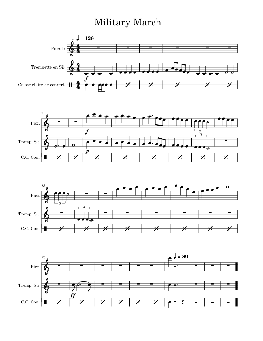 Military March Sheet Music for Flute piccolo, Trumpet in b-flat, Snare ...