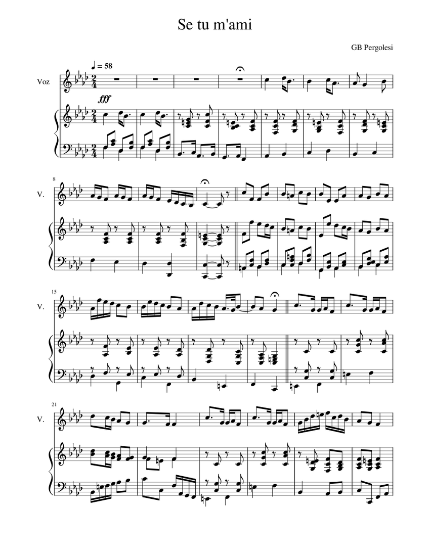 Se tu m'ami – Pergolesi Sheet Music for Piano (Piano-Voice) | MuseScore.com