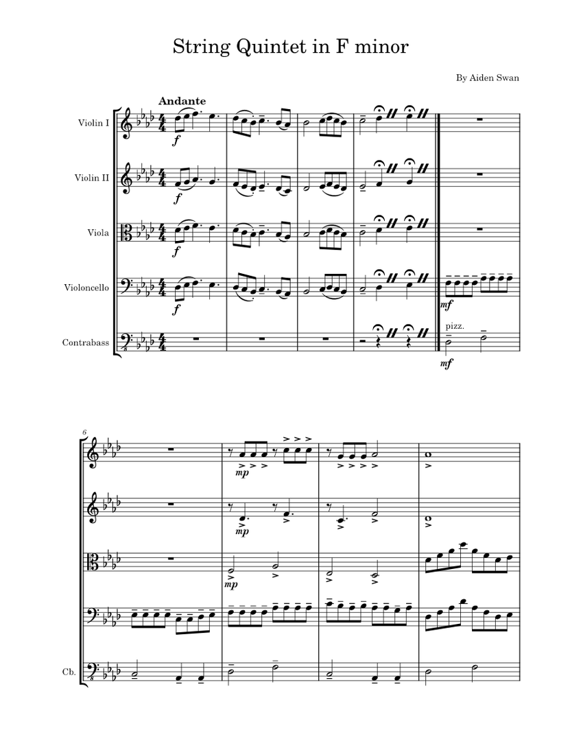 String Quintet in F minor Sheet music for Contrabass, Violin, Viola, Cello (String Quintet ...