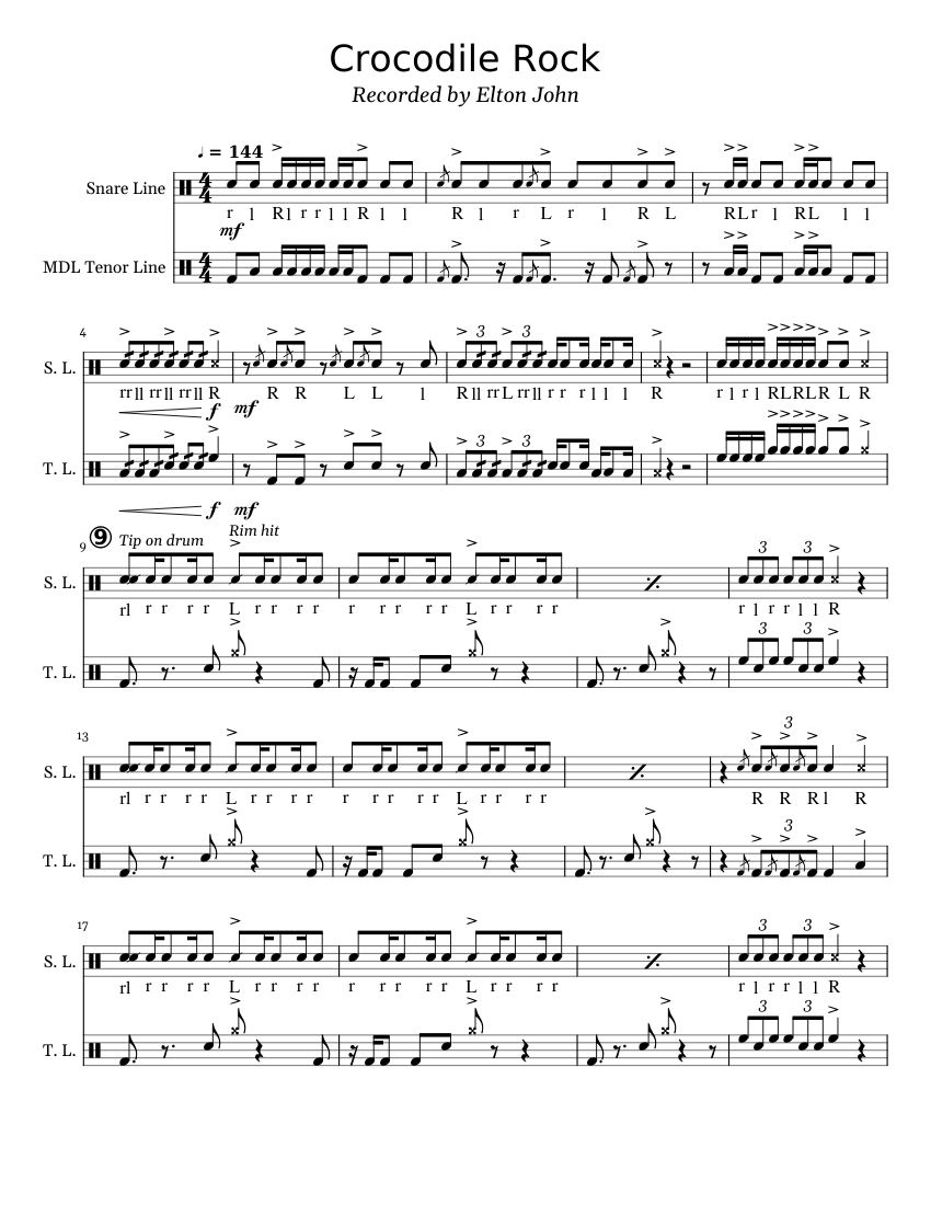 Crocodile Rock Sheet Music for Snare drum, Tenor drum (Percussion Duet ...