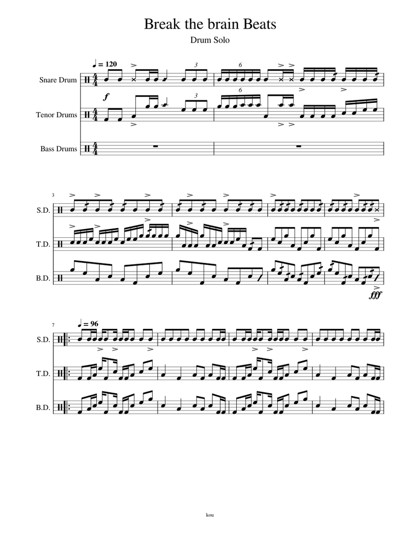 Break the brain Beats Sheet music for Snare drum, Tenor drum, Bass drum ...