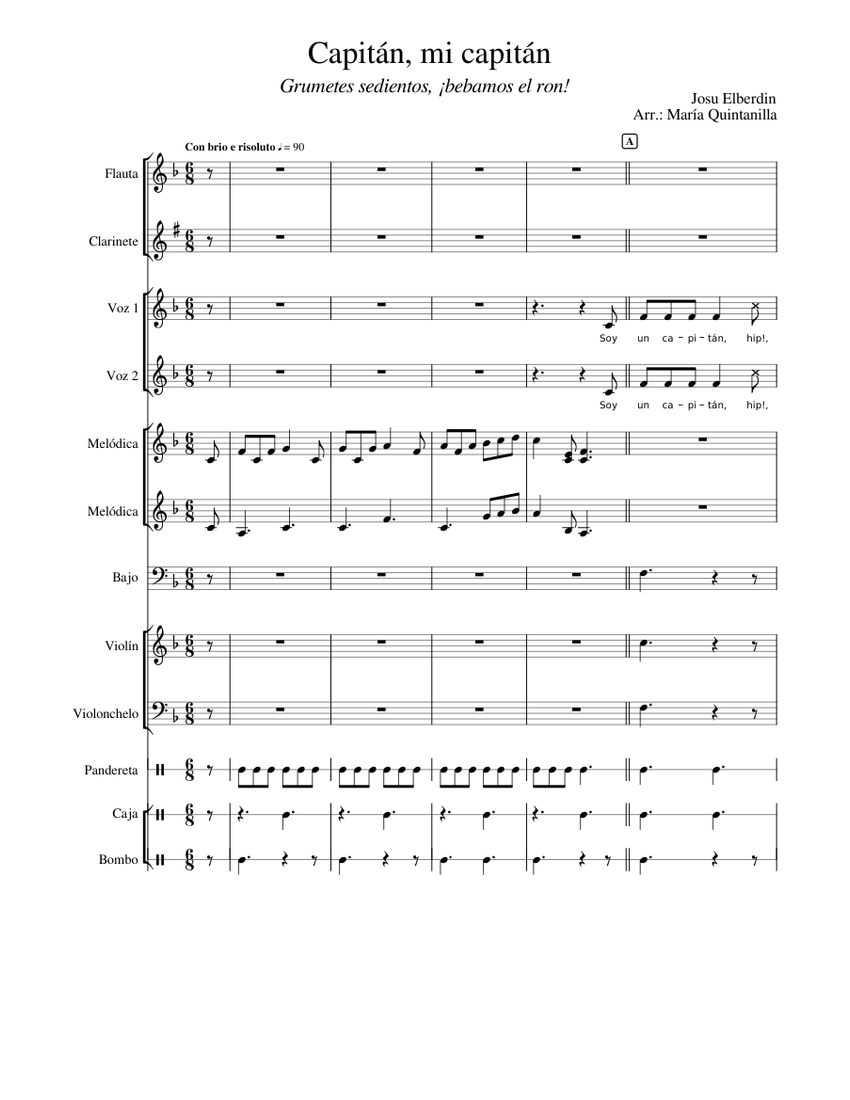 Capitán,_mi_capitán (hip, hip) Sheet Music for Vocals, Flute, Clarinet ...