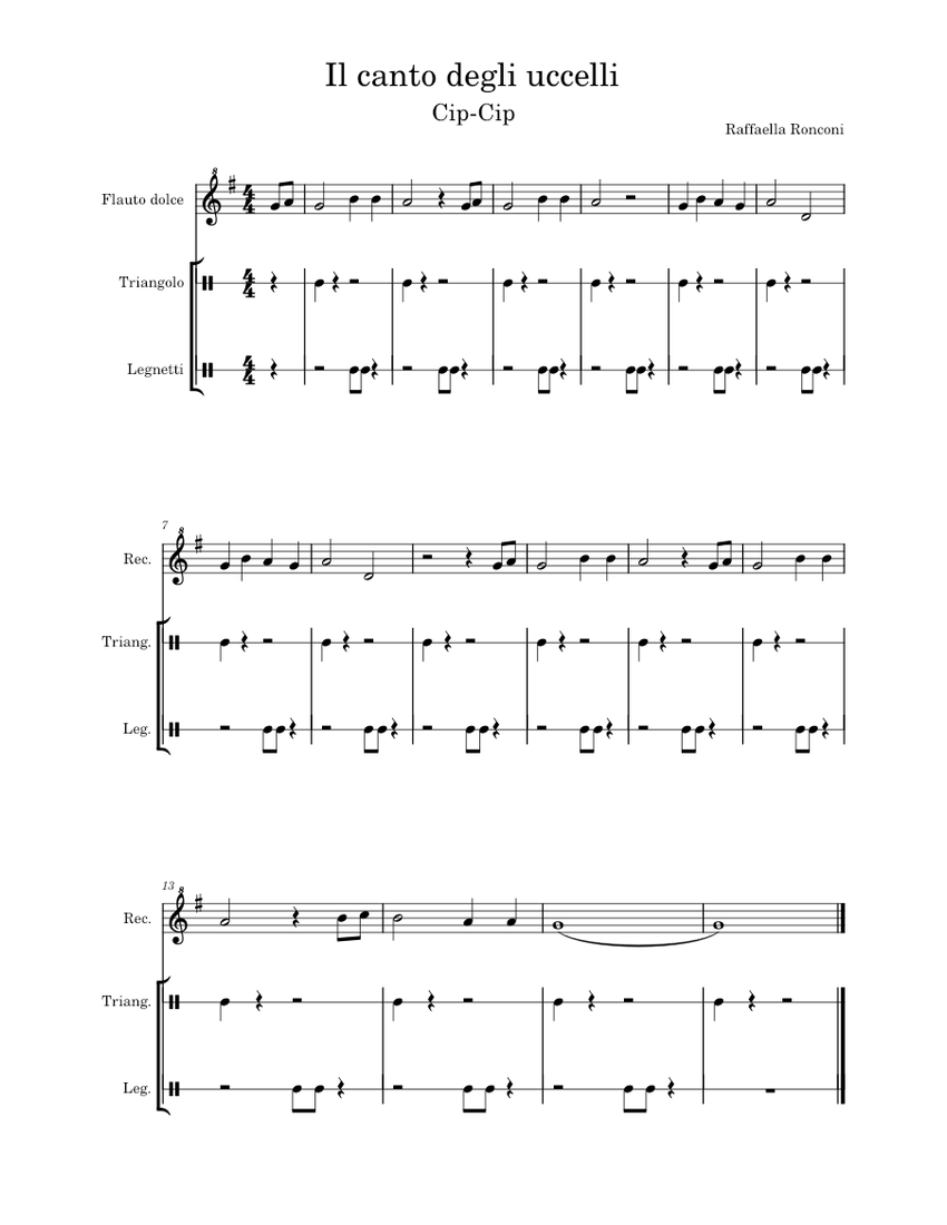 Il canto degli uccelli Sheet Music for Recorder, Triangle, Claves ...