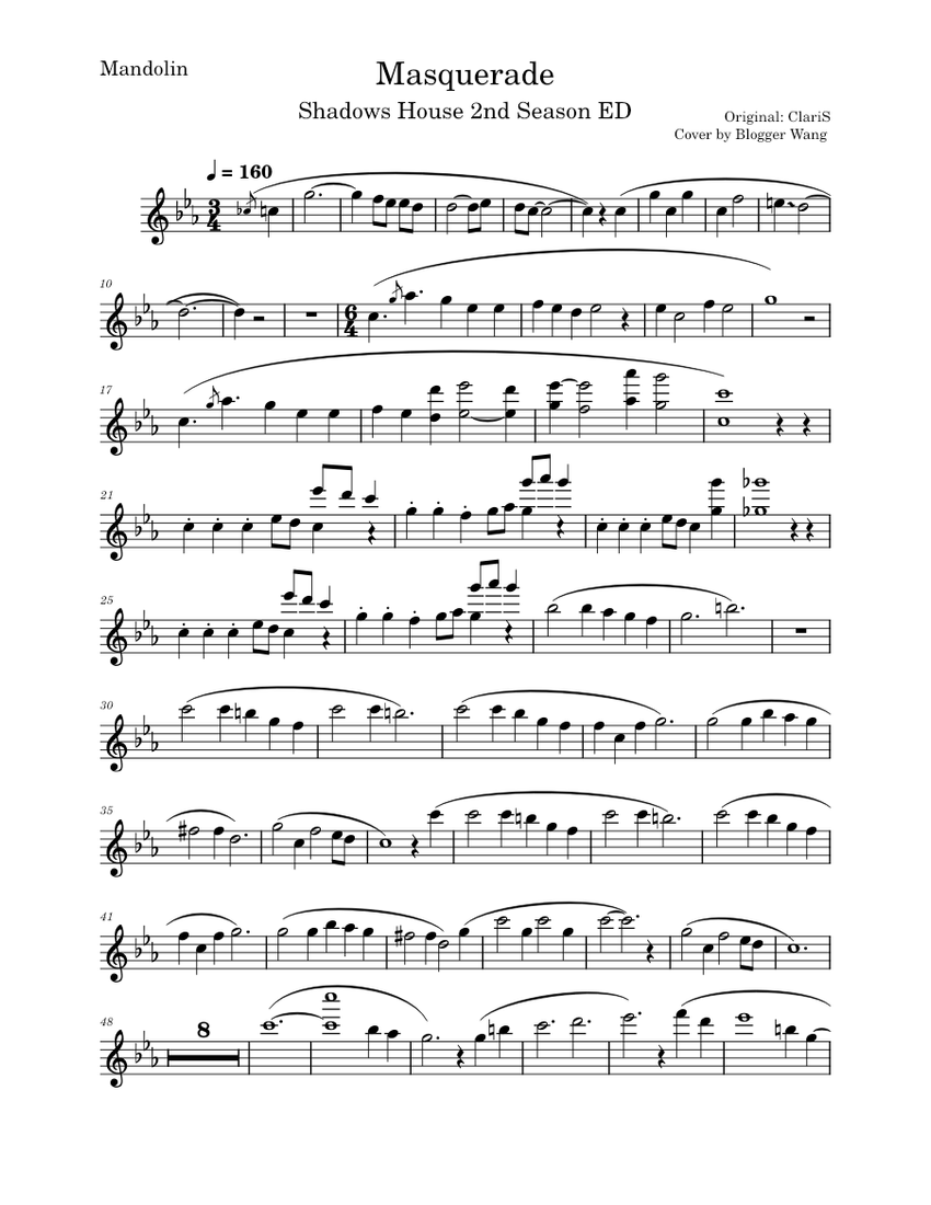 Masquerade – ClariS Masquerade | SHADOWS HOUSE シャドーハウス ED主題歌 Sheet ...
