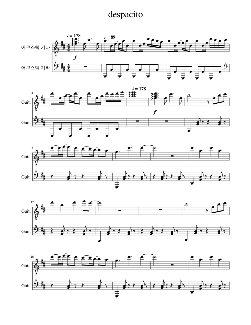 despacito (Luis fonsi) Sheet Music for Guitar (Mixed Duet) | MuseScore.com