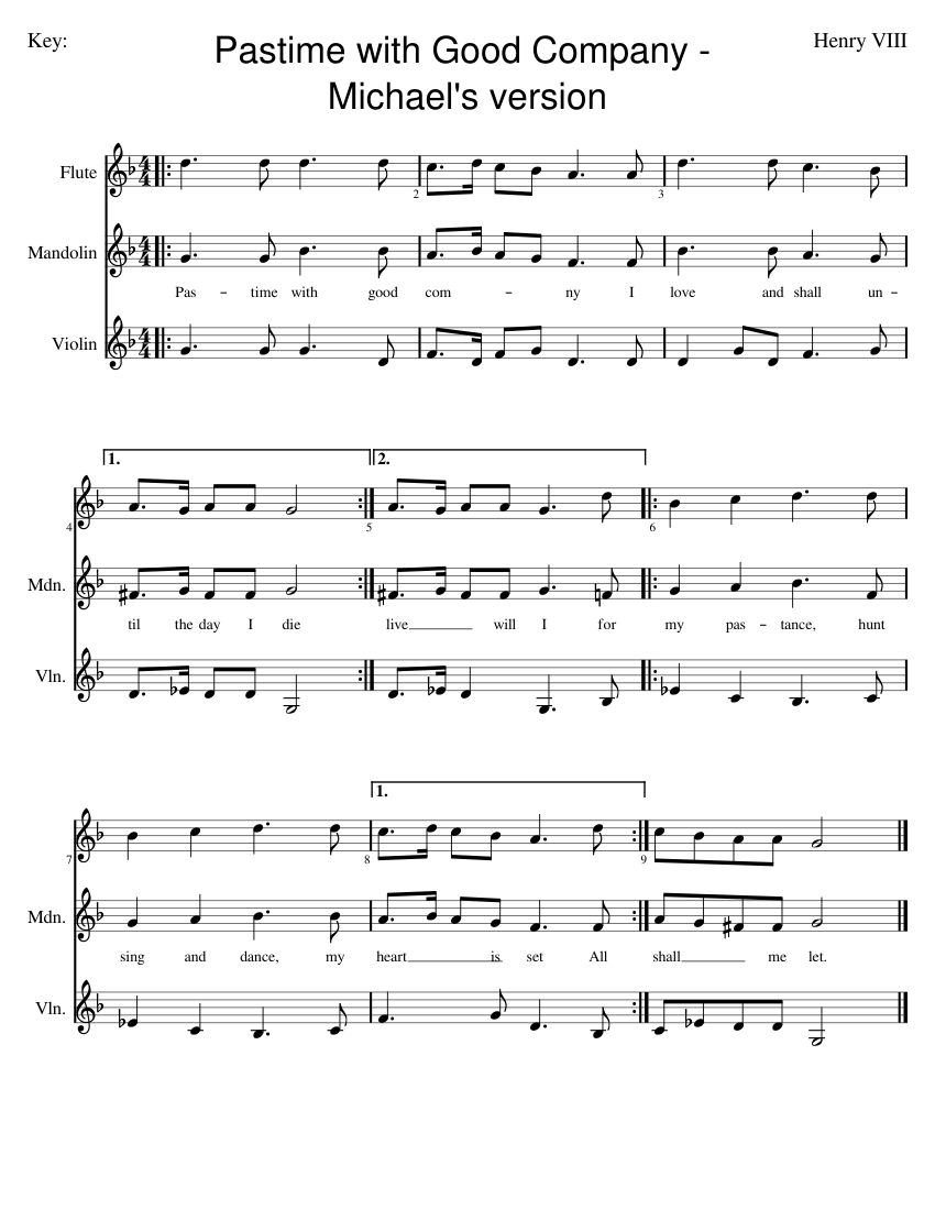 Pastime with Good Company Sheet Music for Flute, Violin, Mandolin ...