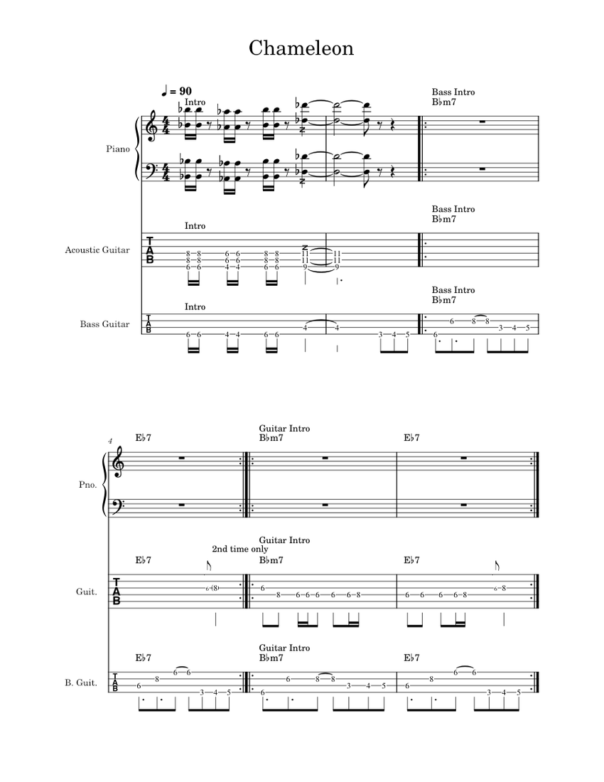 Chameleon Sheet Music and Tab with Chords for Piano, Guitar, Bass ...
