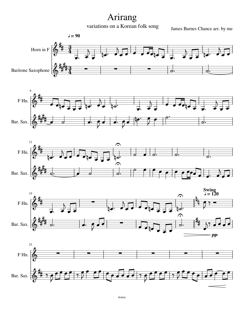 Arirang Sheet music for Saxophone baritone, French horn (Mixed Duet ...