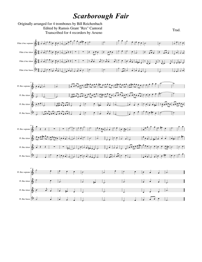 Scarborough Fair recorder quartet Sheet Music for Recorder (Woodwind ...