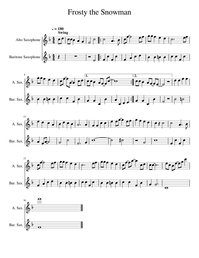 Frosty the Snowman Sheet Music for Saxophone alto, Saxophone baritone ...