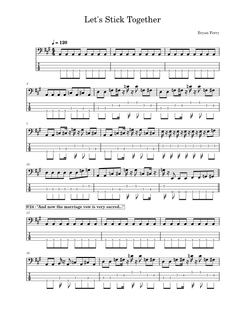 Let's Stick Together – Bryan Ferry Sheet Music and Tab for Bass guitar ...