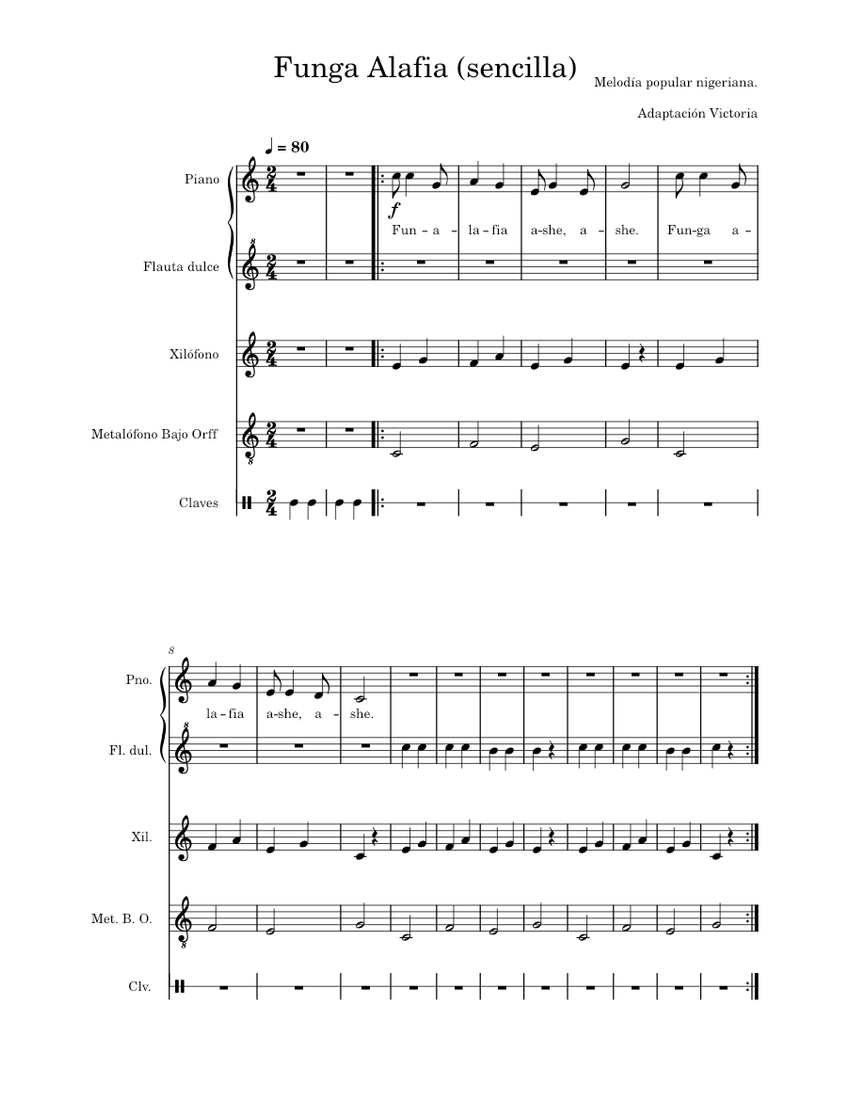 Funga Alafia sencillo Sheet music for Piano, Xylophone, Recorder ...