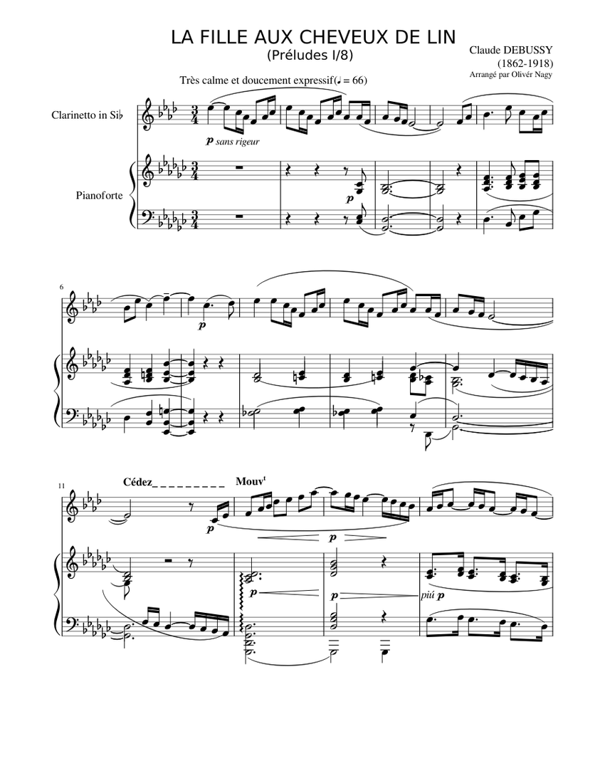 La fille aux cheveux de lin - Debussy Sheet Music for Piano, Clarinet ...