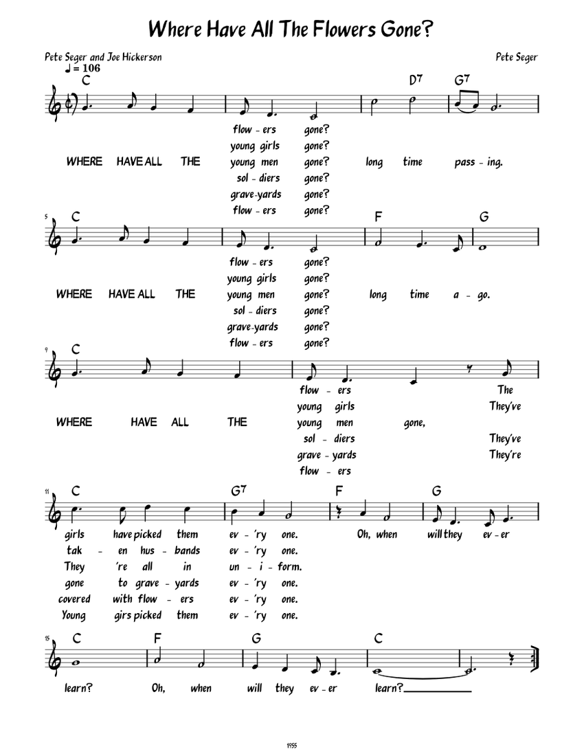 Where Have All The Flowers Gone? (Lead sheet with lyrics ) Sheet Music ...