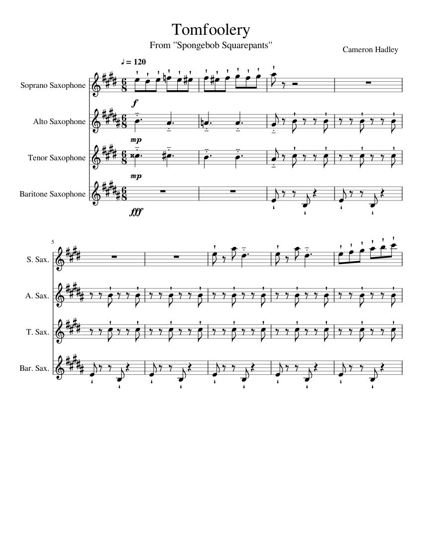 Spogebob's "Tomfoolery" For Sax Quartet (SATB) Sheet Music for ...