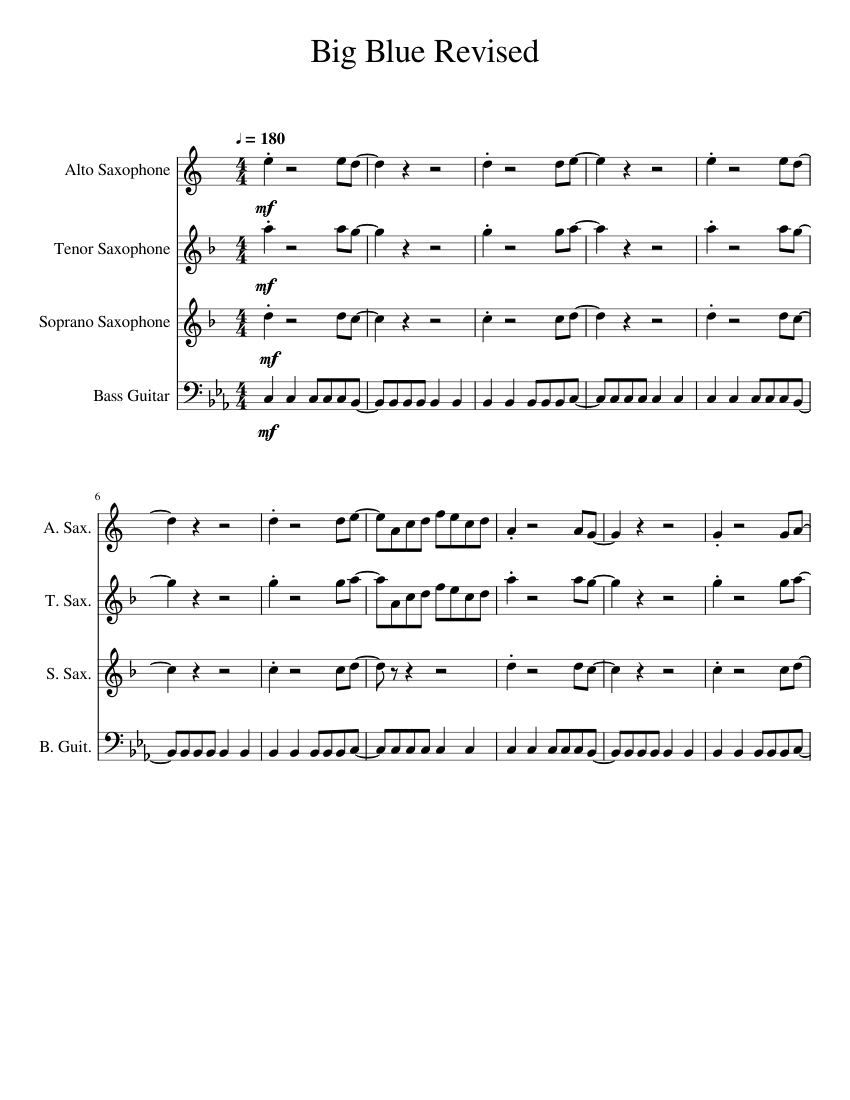 Big Blue Quartet Sheet music for Saxophone alto, Saxophone tenor, Bass ...