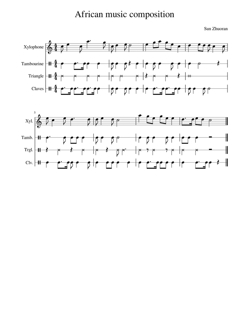African music composition Sheet music for Tambourine, Xylophone ...