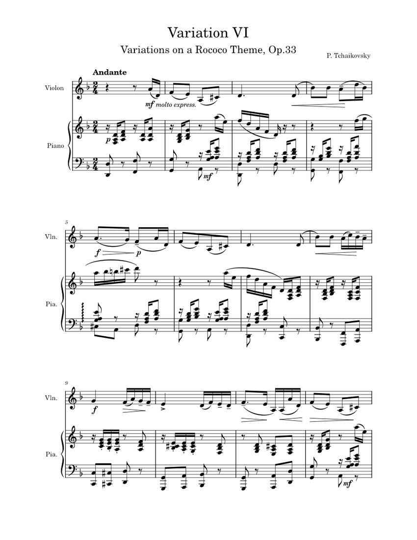Variations On A Rococo Theme, Op.33 – Pyotr Ilyich Tchaikovsky Sheet ...