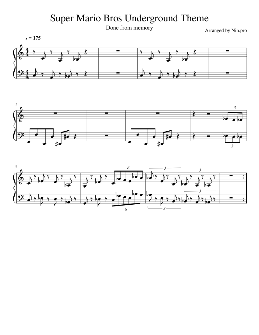 Super Mario Bros Underground Theme Sheet Music for Piano (Solo) Easy ...
