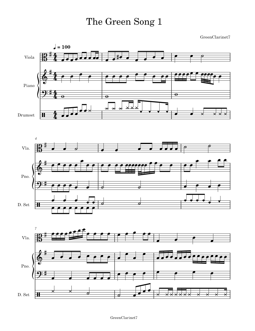 The Green Song 1 - GreenClarinet7 Sheet music for Piano, Viola, Drum ...