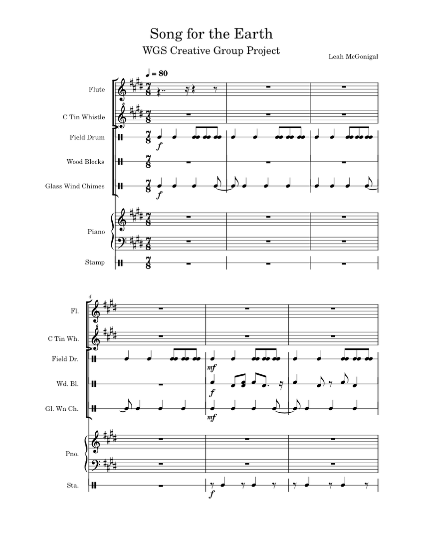Song for the Earth- Leah McGonigal Sheet music for Piano, Flute, Snare ...