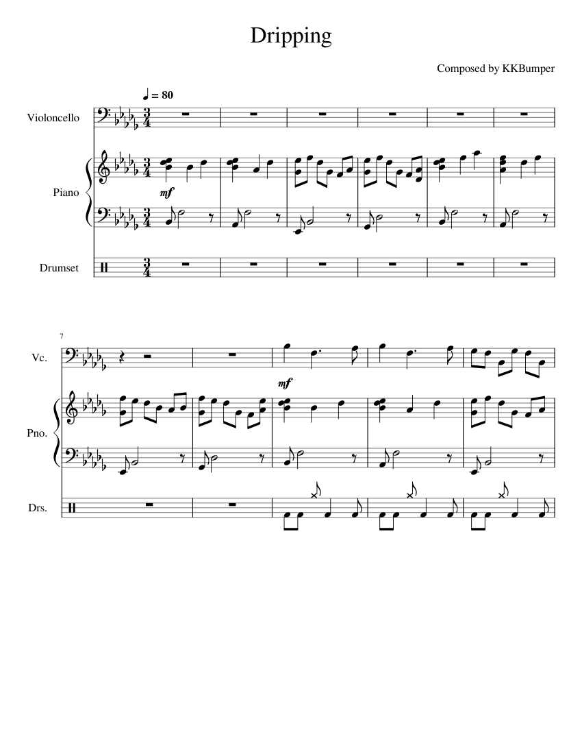 Dripping Sheet music for Piano, Cello, Drum group (Mixed Trio ...