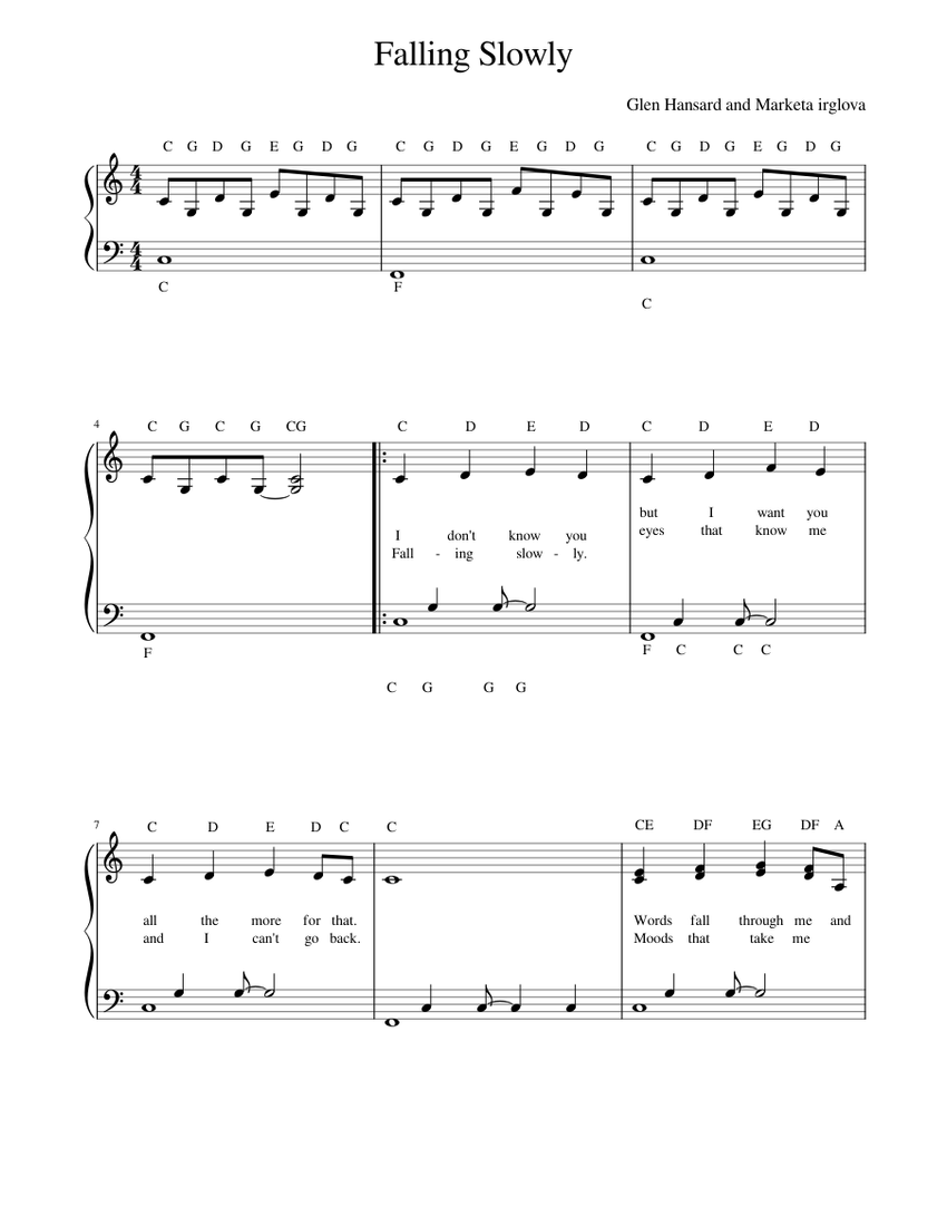 Falling Slowly - Glen Hansard and Marketa Irglova Sheet Music for Piano ...