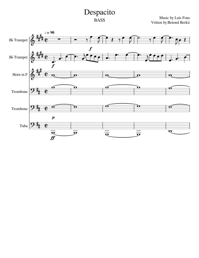 Despacito Brass Sheet Music for Trombone, Tuba, Trumpet in b-flat ...