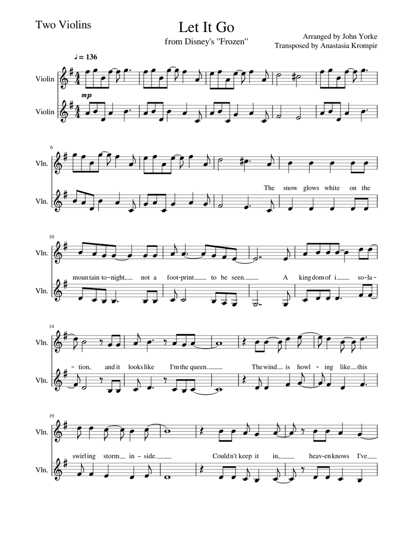 Let It Go for Two Violins Sheet Music for Violin (String Duet ...