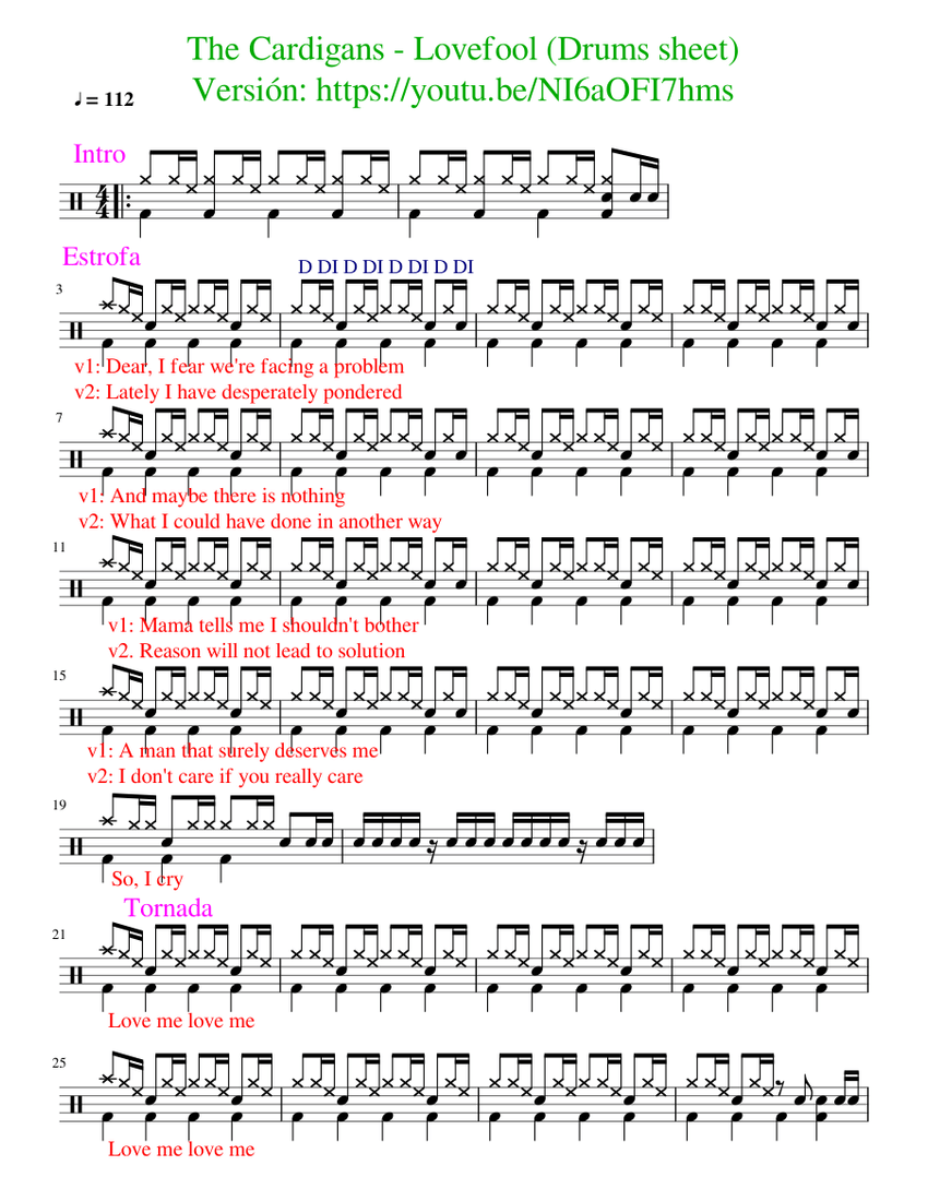 Lovefool - The Cardigans Sheet Music for Drum group (Solo) | MuseScore.com