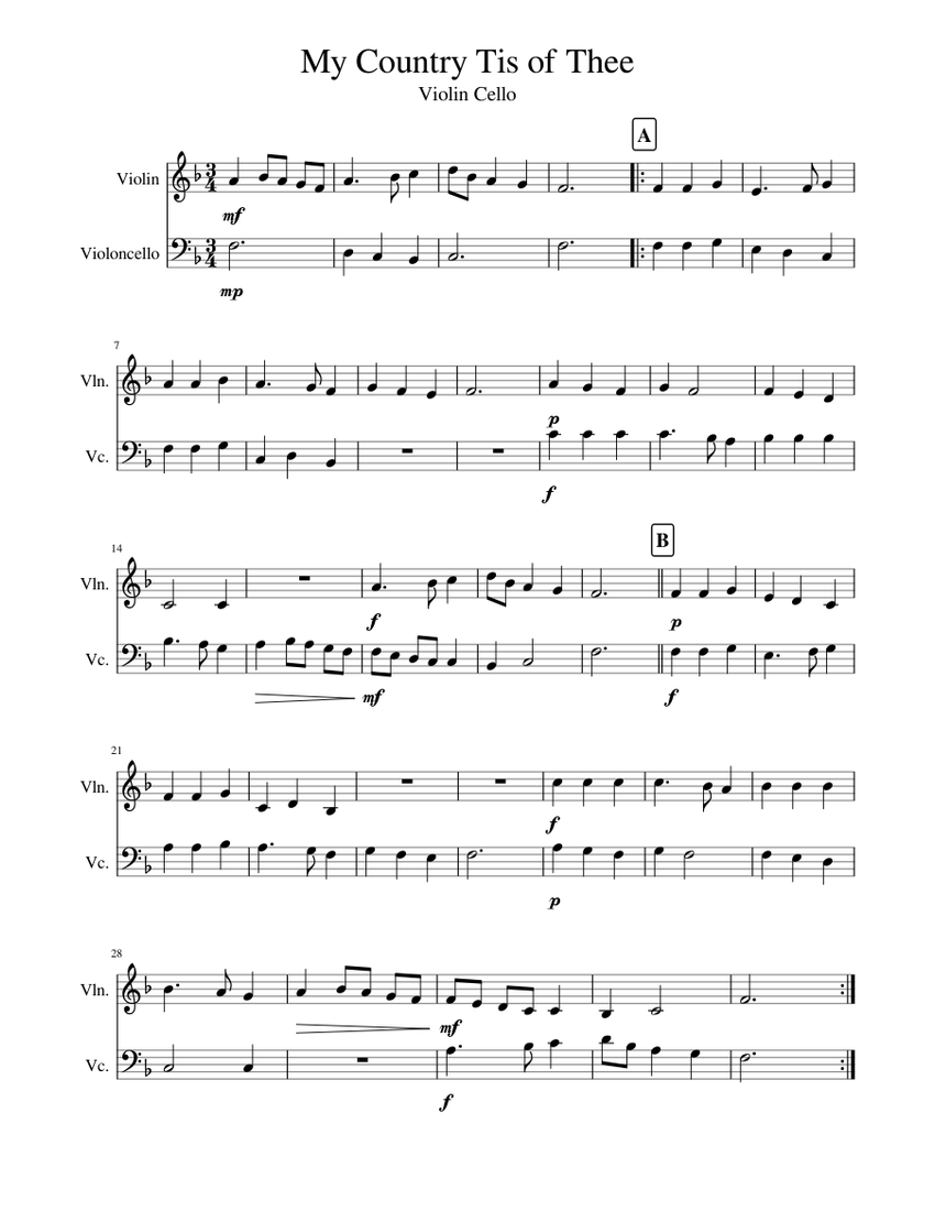 My Country Tis of Thee Sheet Music for Violin, Cello (String Duet ...