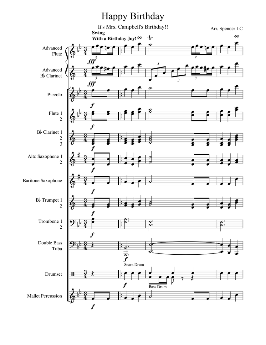 Happy Birthday for Concert Band Sheet Music for Trombone, Tuba, Flute ...