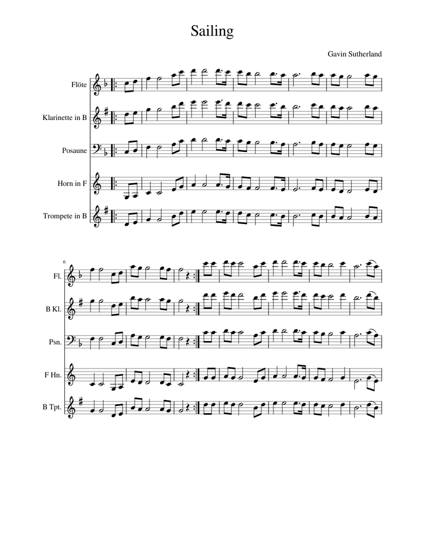 Sailing Sheet Music for Trombone, Flute, Clarinet in b-flat, Trumpet in ...
