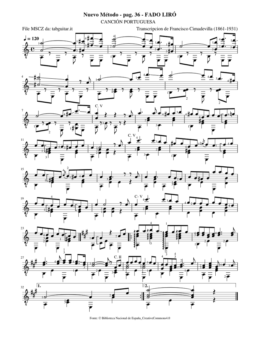 Nuevo Método, pag. 36, Fado Liró – transcr. Francisco Cimadevilla Sheet ...