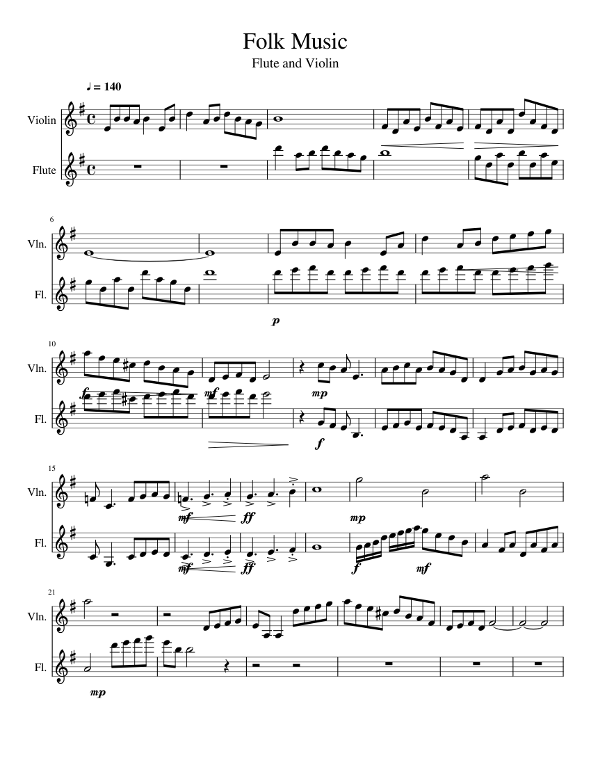 Folk Music For Flute and Violin Duo Sheet Music for Flute, Violin ...