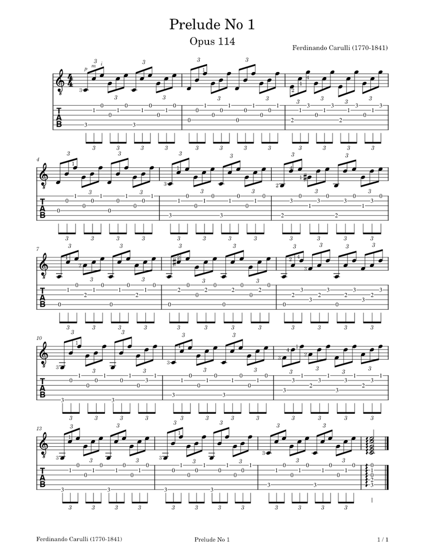 Prelude No 1, Opus 114 – Ferdinando Carulli Sheet Music for Guitar ...