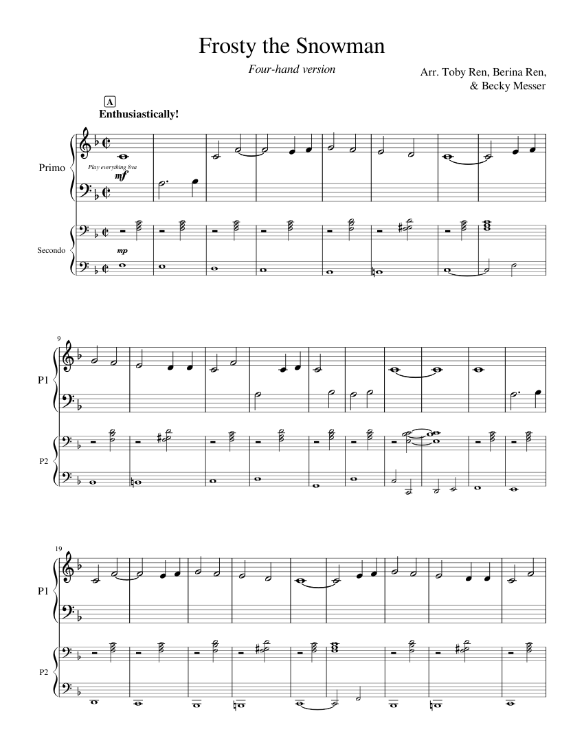 Frosty the Snowman (4-hand, late beginner/early intermediate) Sheet ...