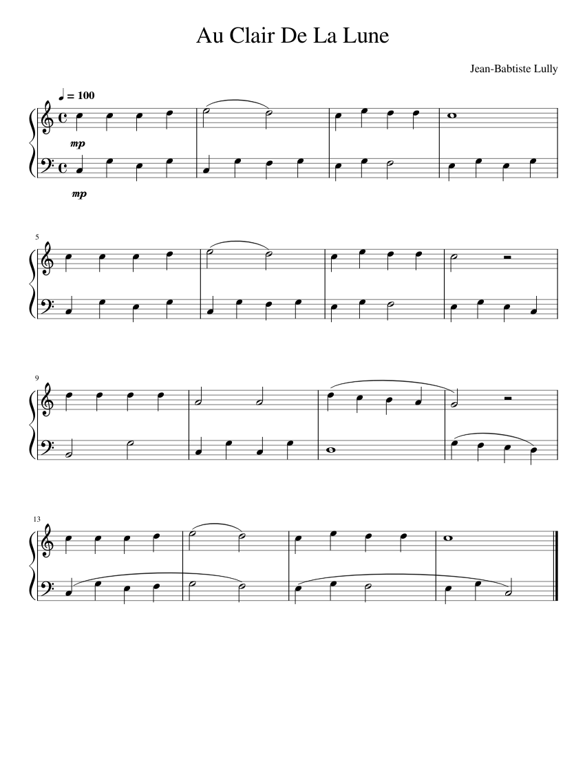 Au Clair De La Lune Sheet Music for Piano (Solo) easy | MuseScore.com